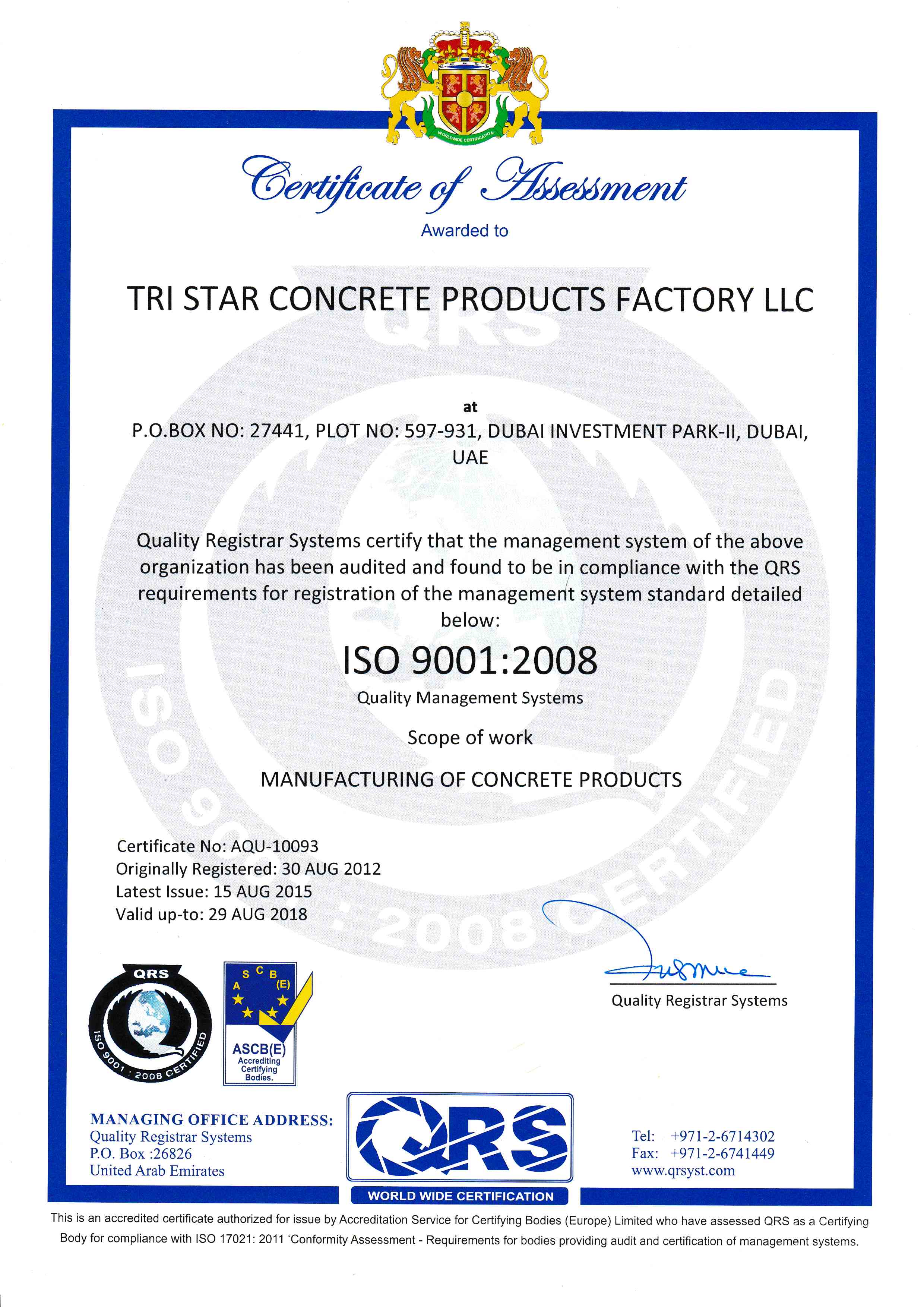 TRI STAR CONCRETE PRODUCTS FACTORY L.L.C. :: QUALITY ASSURANCE
